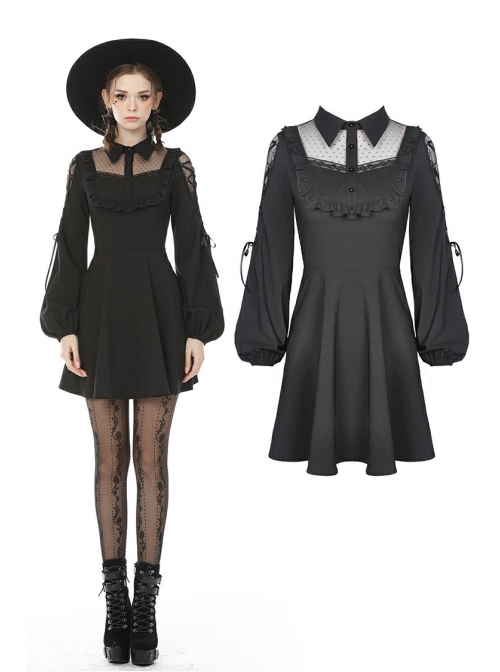 Lolita Lace Frilly Doll Collar Lace-Up Long Sleeves Black Gothic Dress ...