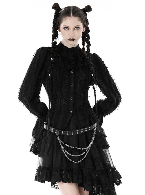 Black Striped Raw Edge Ribbon Ruffle Collar Gothic Style Long Sleeved ...