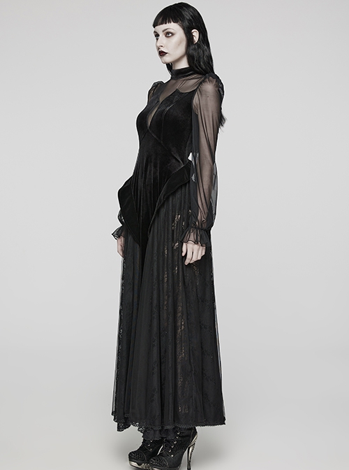 Black Gorgeous Velvet Patchwork Lace Mesh Wave Hem Gothic Style Long ...
