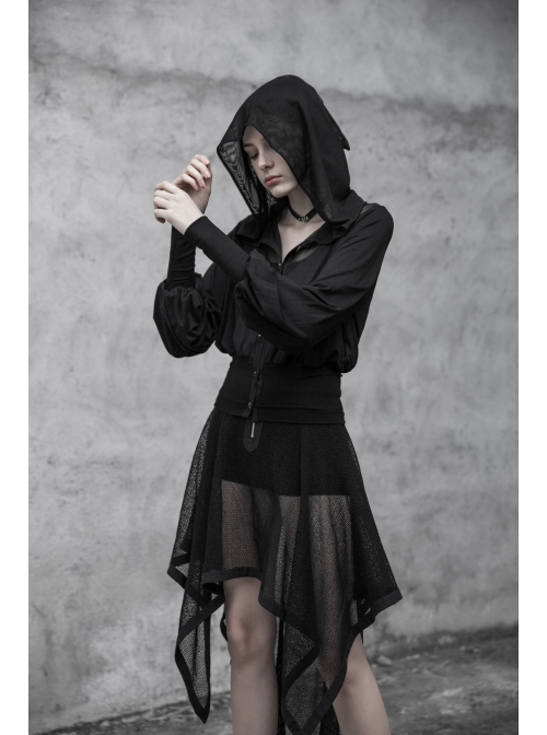Black Splice Mesh V-Neck Sharp Angle Hat Skeleton Button Gothic Short ...