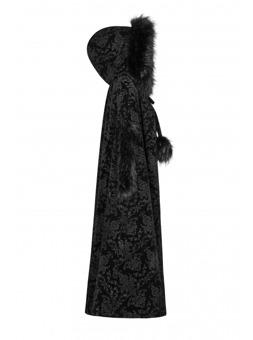 Black Gothic Fur Hood Front Fuzzy Ball Bandage Cloak - Magic Wardrobes