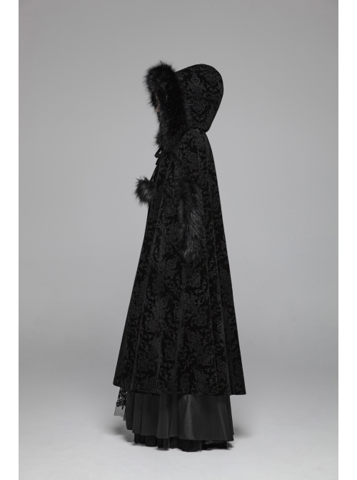 Black Gothic Fur Hood Front Fuzzy Ball Bandage Cloak - Magic Wardrobes
