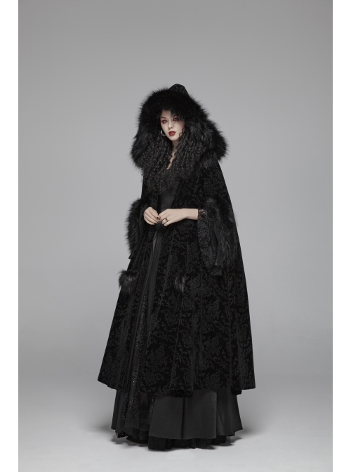 Black Gothic Fur Hood Front Fuzzy Ball Bandage Cloak - Magic Wardrobes