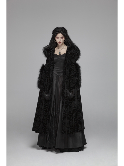 Black Gothic Fur Hood Front Fuzzy Ball Bandage Cloak - Magic Wardrobes