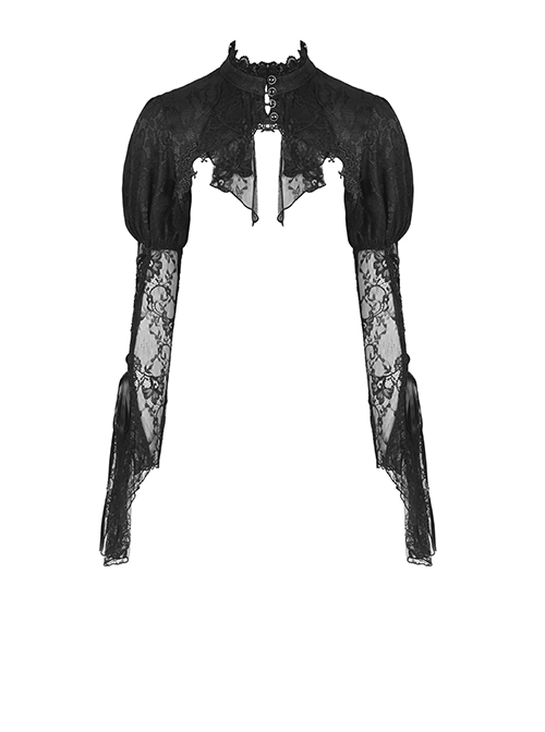Black Gothic Retro Ruffle Neck Decorative Pattern Puff-Lace-Sleeves ...