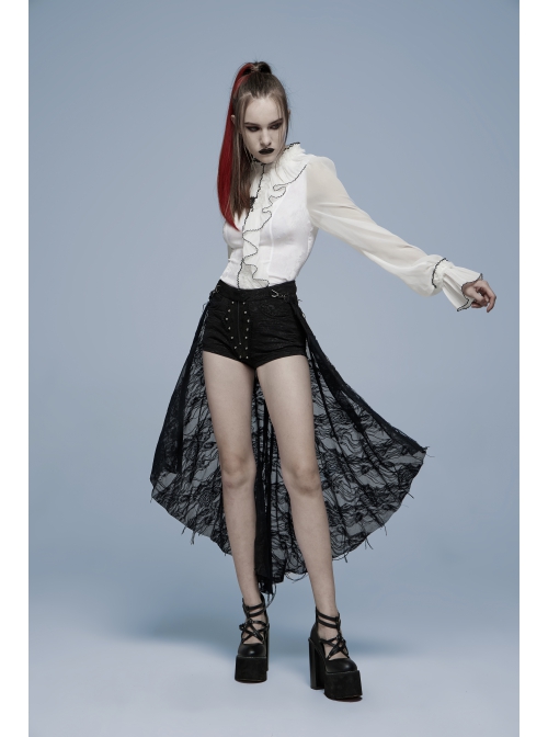 Gothic Coffin Shape Design Lace Print Button Decoration Black Shorts ...