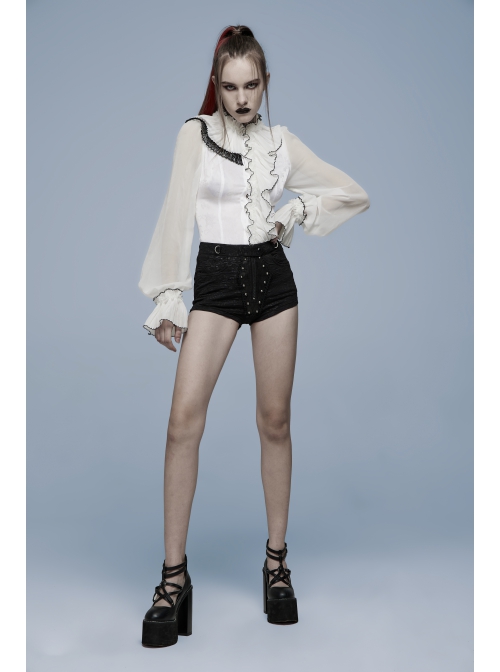 Gothic Coffin Shape Design Lace Print Button Decoration Black Shorts ...