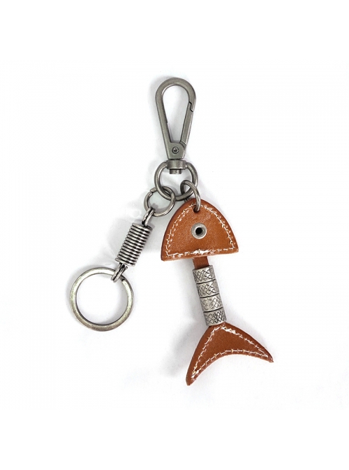 Punk Unisex Brown Leather Stitching Carved Pattern Metal Fishbone Shape ...