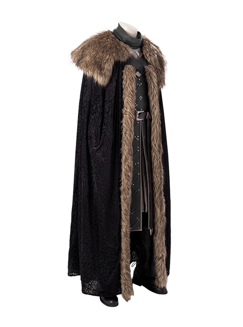 Game Of Thrones Season 8 Jon Snow Brown Fur Collar Black Cloak Suit ...