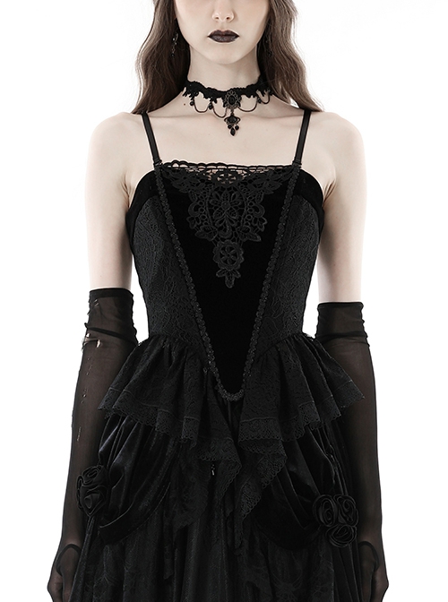 Black Vintage Court Velvet Strappy Gothic Corset - Magic Wardrobes