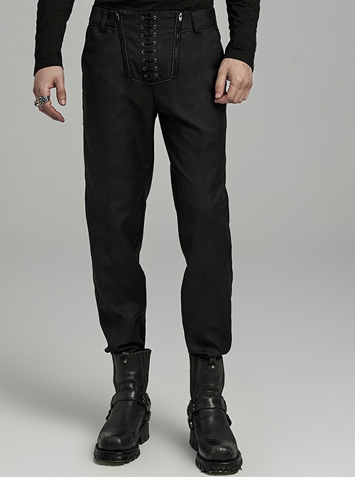 Black Simple Fit Non Elastic Woven String Punk Style Men's Trousers ...