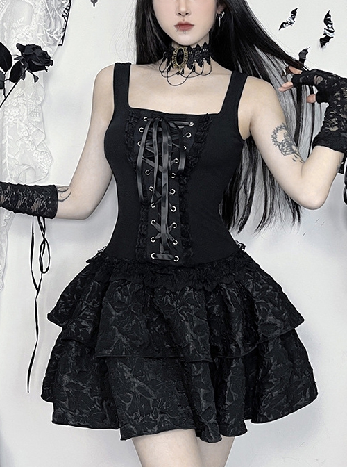 Dark Elegant Black Lace Splicing Cross Straps Gothic Style Sexy ...