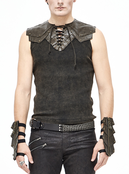 Black Striped Knitting Shoulder Yellow Armor Shape Chest Lace-Up Punk ...