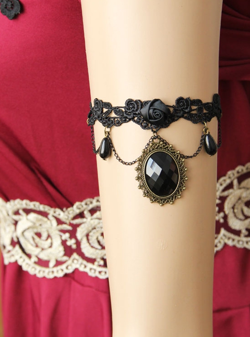 Retro Gothic Fashion Black Lace Rose Flower Pearl Tassel Dancing Female ...