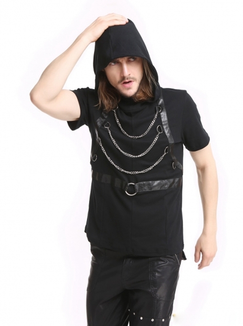Punk Black Hooded Chain Gothic Men's Short Sleeves Shirt - Magic Wardrobes